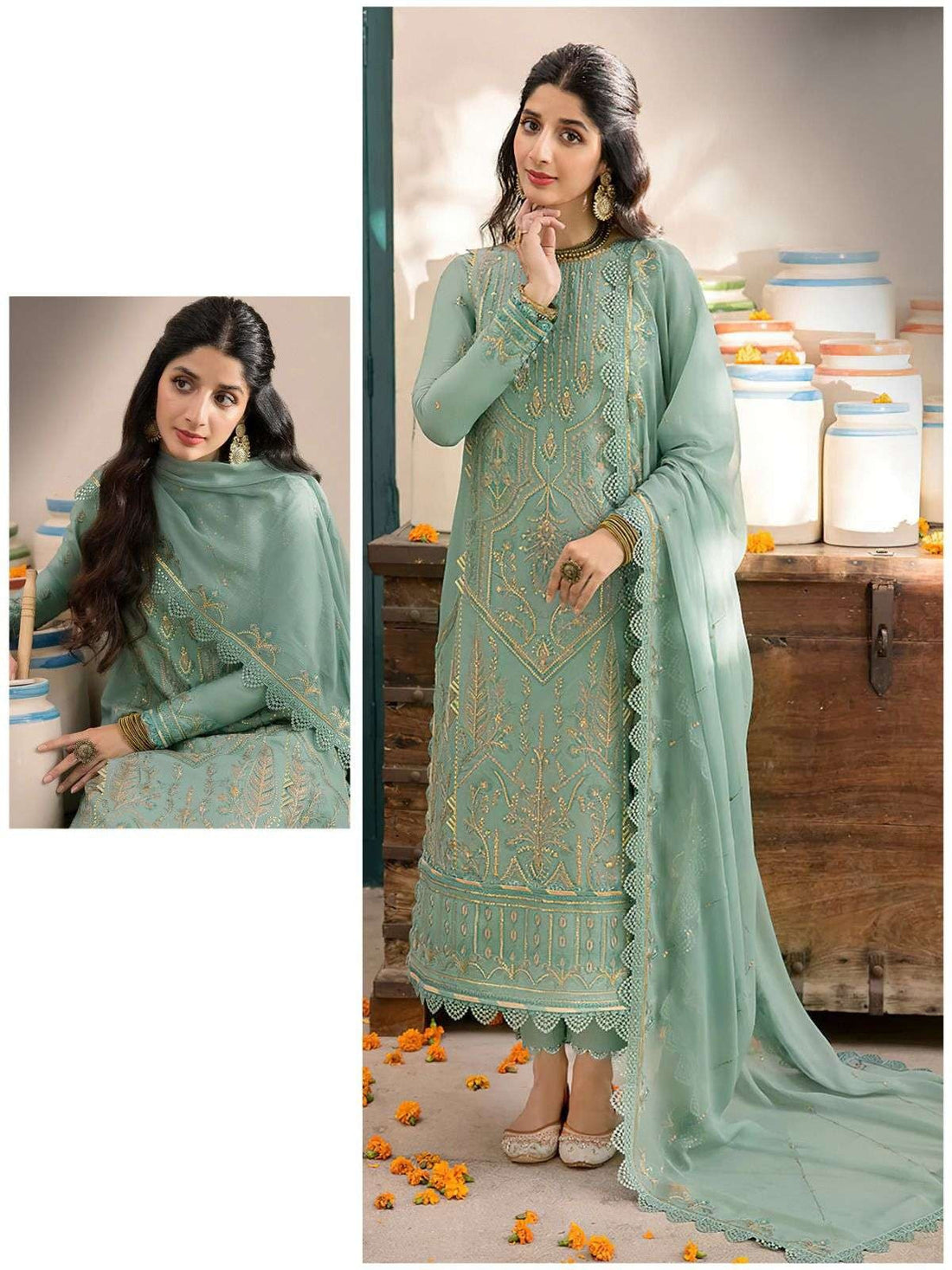 Green Elegant Georgette Suit with Intricate Embroidery – Vogue Vanity